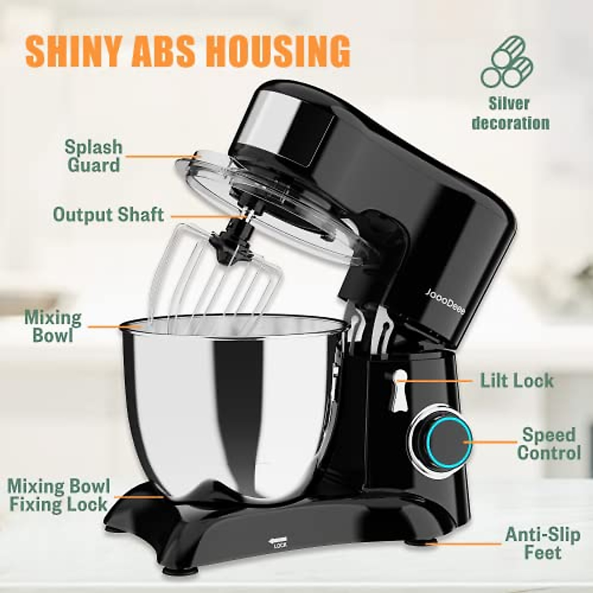 Stand Mixer, 5.8 Qt. 10-Speed Electric Household Food Mixer, 380W Kitchen Mixer with Dishwasher-Safe Dough Hooks, Flat Beaters, Wire Whip & Pouring Shield Attachments, Black