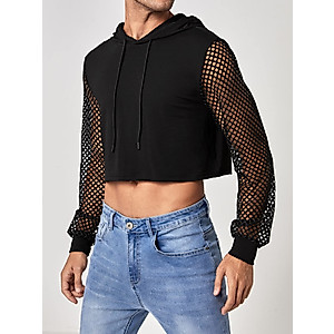 WDIRARA Men's Fishnet Mesh Long Sleeve Drawstring Crop Hoodie Sweatshirt Pullover Black M