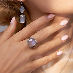 Jupiter 925 Sterling Silver Natural Moonstone Ring with Diamond Square Gemstone Ring Jewelry Gifts for Women (13x13mm Moonstone, Ring Size 6)