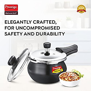 Prestige Deluxe Duo Plus Hard Anodised Handi Pressure Cooker With Stainless Steel Lid 3.0 Liters and Glass lid, medium (20144)