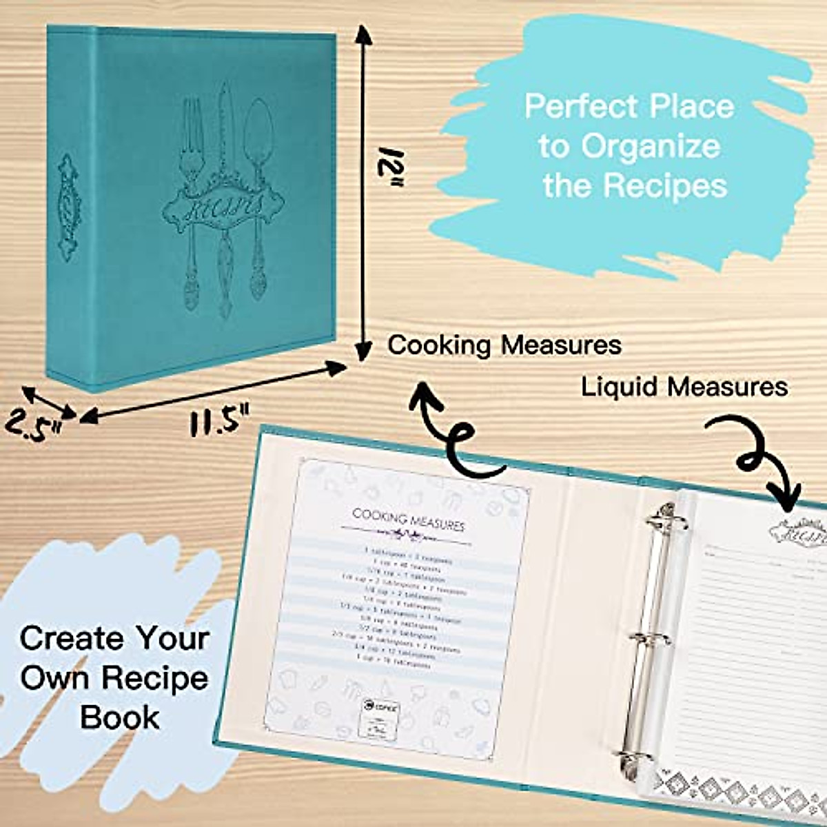 COFICE Recipe Binder – 8.5x11 3 Ring Blank Family Recipe Book Binder Kit to Write in Your Own Recipes with PU Faux Leather Cover and Plastic Sleeves (Blue)