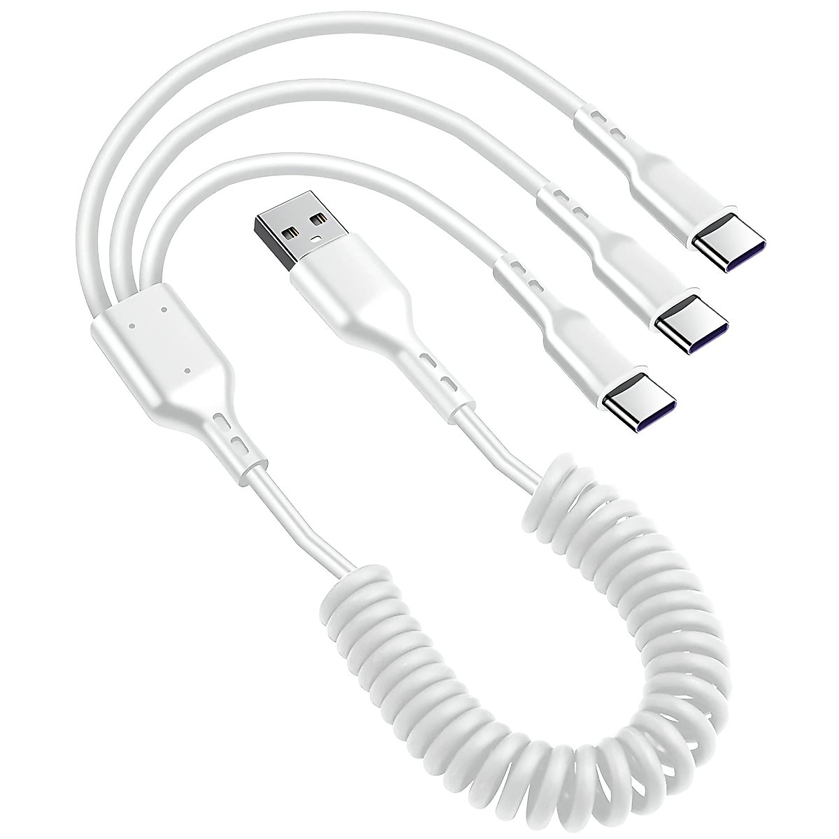 GELRHONR Retractable USB A to USB C Multi Charging Cable,Coiled 5A 3 in 1 Multiple USB C Fast Charging Cord,Compatible with Cell Phones Tablets Android and More （MAX 6.5Ft (White 1 to 3)