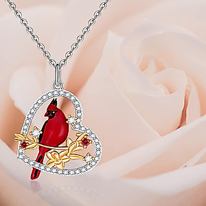Sterling Silver Heart Red Cardinal Necklace for Women Mom Mother Daughter Friend Crystal Couples Cute Bird Necklaces Dainty Cubic Zirconia Long Chain