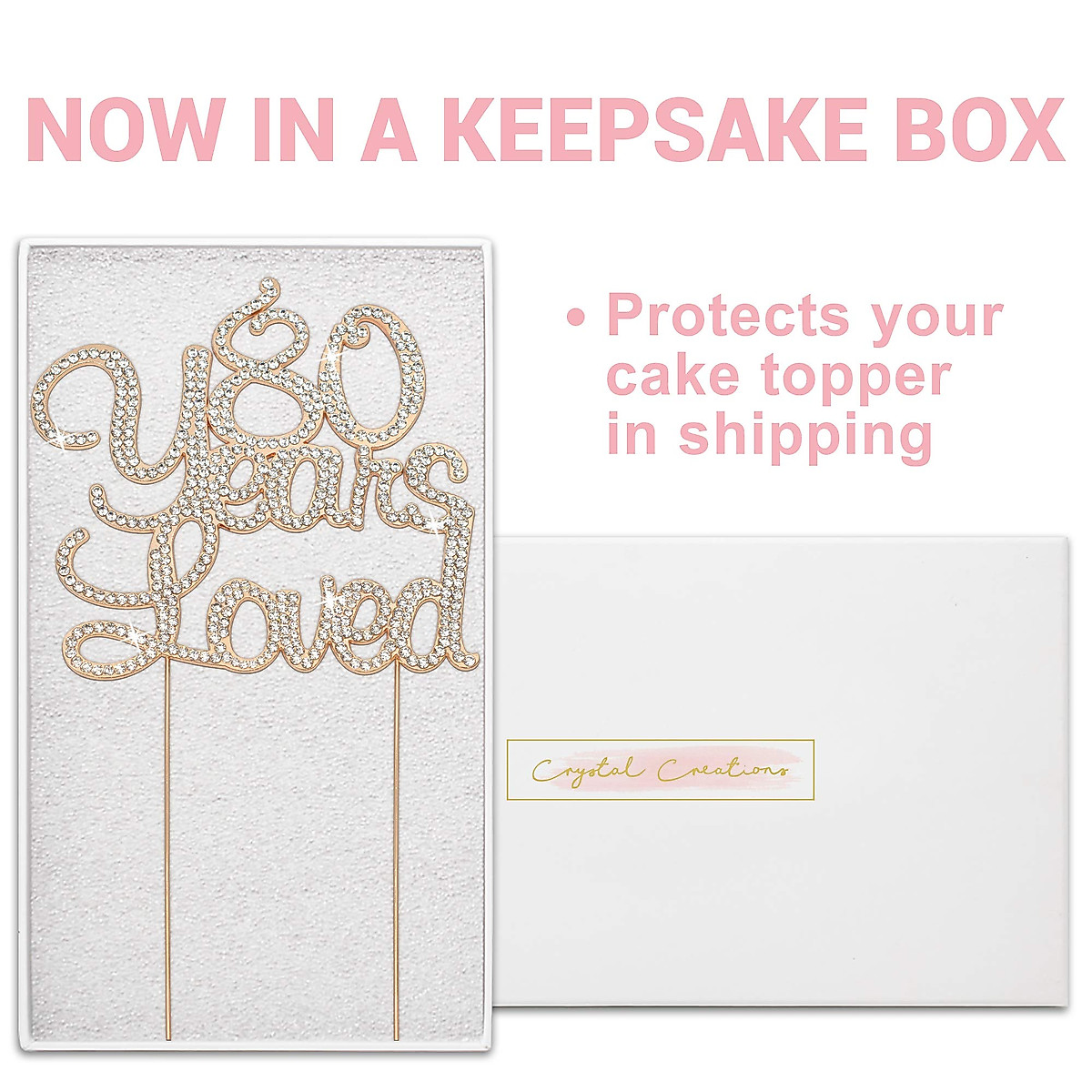 80 Cake Topper - Premium Rose Gold Metal - 80 Years Loved - 80th Birthday Party Sparkly Rhinestone Decoration Makes a Great Centerpiece - Now Protected in a Box