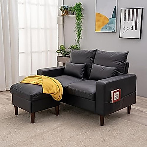 Panana 54.5" Small Loveseat Couch Sofa, Fabric Upholstered 2-Seat Sofa, Love Seat Furniture with Wood Leg for Small Space, Living Room, Apartment (Black Faux Leather, Track Arm-2 Seater with Ottoman)