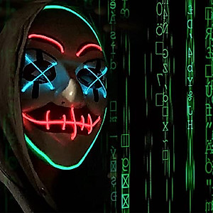 Scary Halloween Mask, LED Light up Mask Cosplay, Glowing in The Dark Costume with 3 Lighting Modes Who Am I Face Masks for Men Women Kids