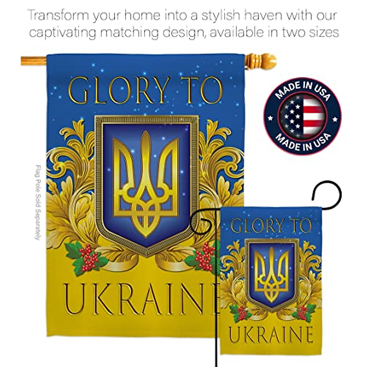 Ukraine Flag Glory to Ukraine Garden Flag Set Wood Dowel Support Cause Stand with Ukrainian House Decoration Banner Small Yard Gift Double-Sided, Made in USA