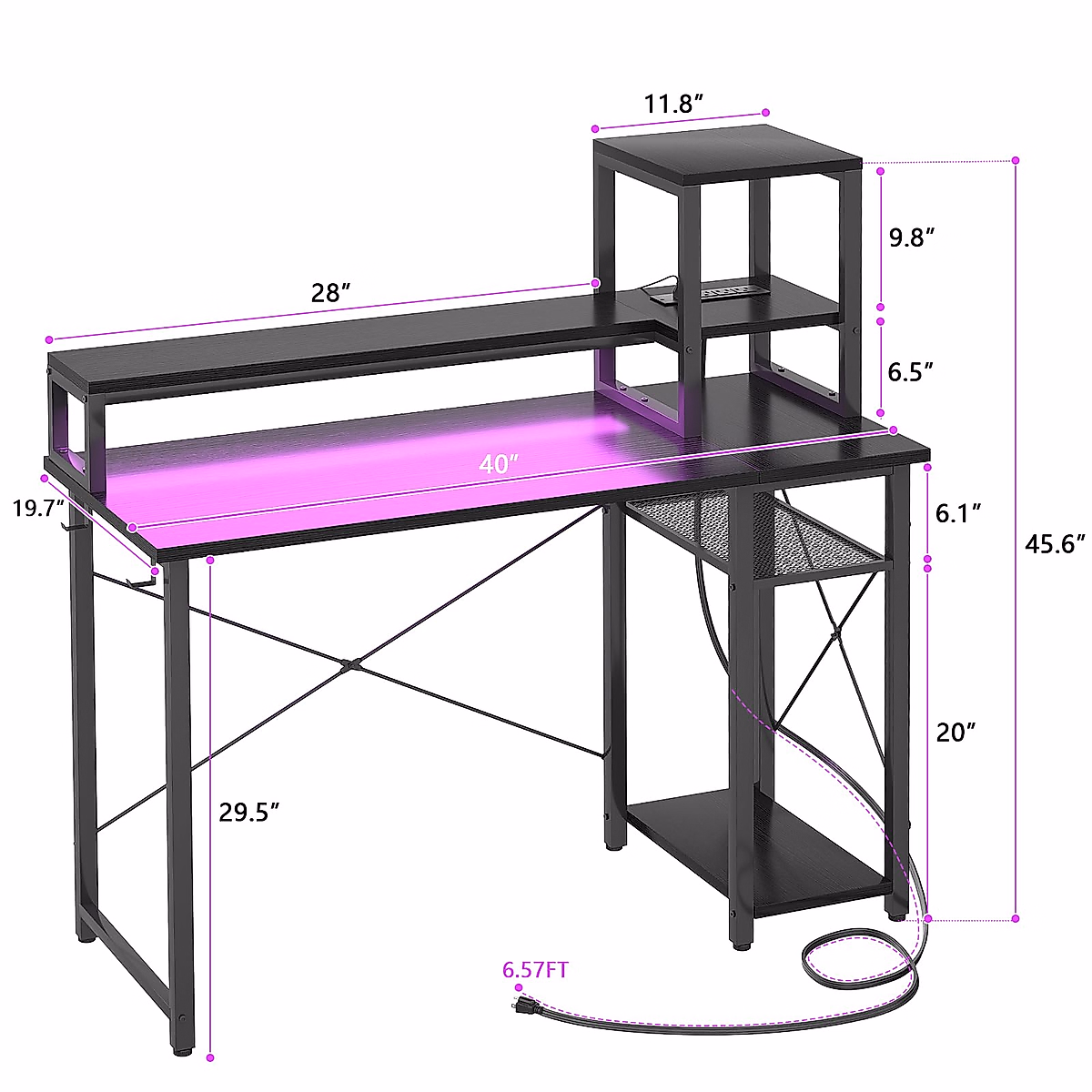 armocity 2024 Upgrade Gaming Desk with LED Lights, Small Computer Desk with Long Monitor Stand, 40'' Reversible Laptop Table with Storage Shelves, Small Desk for Small Spaces, Gaming Room, Black