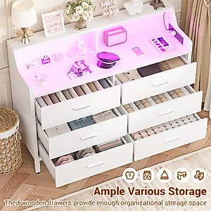 Hyomdeck 6 Drawer Dresser for Bedroom, Wooden Chest of Drawers with Power Outlets and Smart LED Light, Sturdy Modern Bedroom Furniture, Wide Storage Dresser for Living Room, Closet, Entryway, White