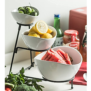 3 Tier Serving Stand Tiered Oval Bowl Stand with 3 Oval Porcelain Serving Bowl Set with Collapsible Thicker Sturdier Metal Rack (Black)