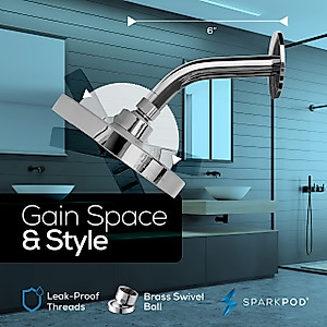 SparkPod 6" Rain Shower Head with 6" Shower Arm - High Pressure Rain - Luxury Modern Look - No Hassle Tool-less 1-Min Installation (Chrome)