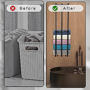 NEWPIC Wall Towel Rack for Rolled Towels, Vertical 3-Bar Adhesive Bathroom Towel Holder with 3 Hooks, Rolled Towel Rack Wall Mounted, Metal Towel Storage for Small Bathroom, Black