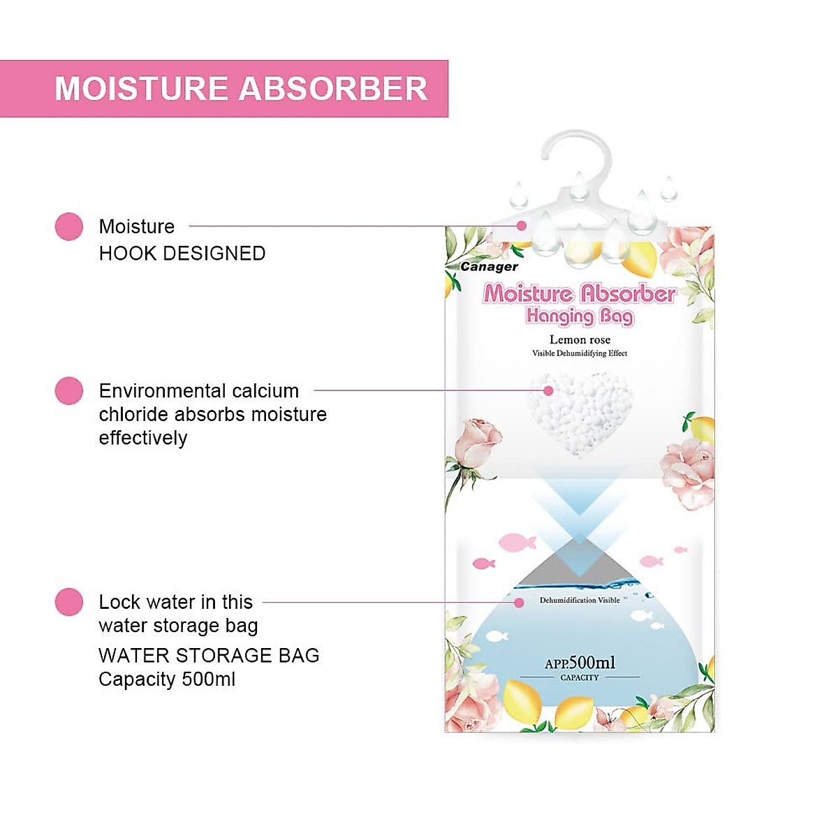 CANAGER Hanging Moisture Absorber, Lemon Rose Moistureproof Hanging Bag，Dehumidifier Bag (8 packs) Hanging Closet Dehumidifier Bags, Moisture Absorb 12.5 oz