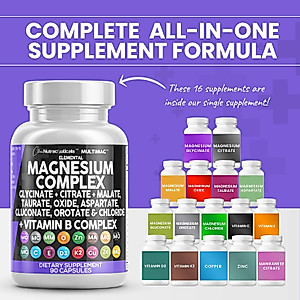 Clean Nutraceuticals Magnesium Complex with Magnesium Glycinate Citrate Malate Oxide Taurate Aspartate Orotate & Mag Chloride, Zinc Copper Manganese & Vitamin C B1 B2 B6 B12 Complex - 1Pack
