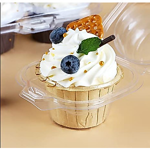 LOKQING 50 Pcs Cupcake Boxes Plastic Individual Cupcake Containers Single Cupcake Carrier with Connected Airtight Dome Lid for Party