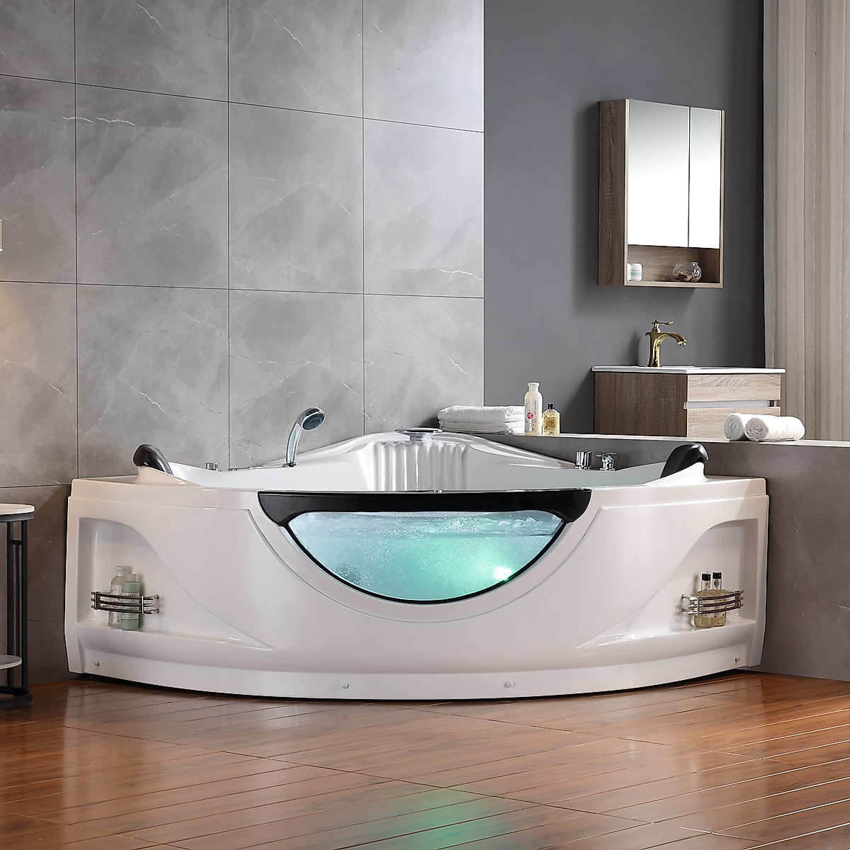 Empava Corner Whirlpool Bathtub with Heater,2 Person 59" Jetted Tub with Light,Spa Hydromassage with Chromatherapy,Acrylic,White, ETL Certified