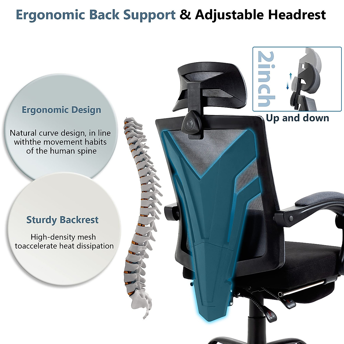 Reclining Office Chair with Foot Rest, Mesh Office Chair, Ergonomic Office Chair with footrest, Computer Desk Chair with Lumbar Support Pillow, 280lb Capacity