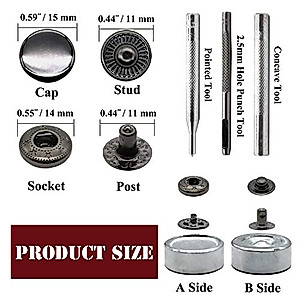 12 Sets Heavy Duty Leather Snap Fasteners Kit, 15mm Metal Snap Buttons Kit Press Studs with 4 Install Tools, Leather Rivets and Snaps for Clothing, Leather, Jeans, Jackets, Bracelets, Bags (Black)