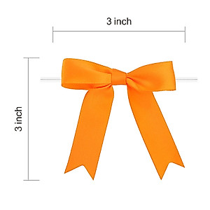 Meseey 50 Pcs 3 Inches Twist Tie Satin Ribbon Bows Orange Pretied Premade Craft Bows for Treat Bags Gift Wrapping Basket Wedding Baby Shower Brithday Christmas Party (3", Orange)