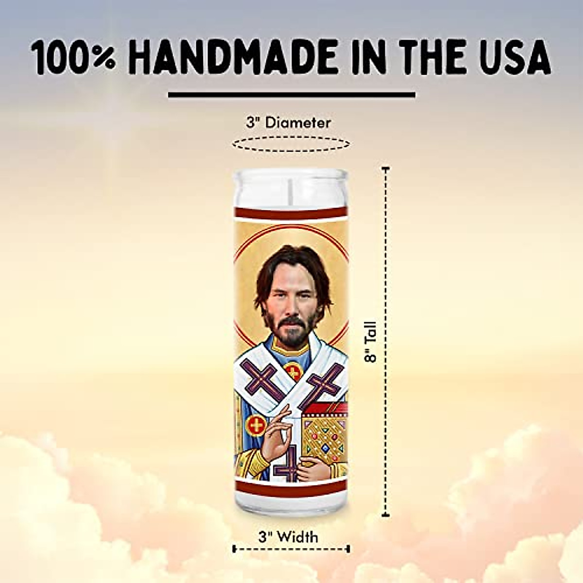 Keanu Celebrity Prayer Candle - Funny Saint Candle - 8 inch Glass Prayer Votive - 100% Handmade in USA - Funny Celebrity Novelty Gift