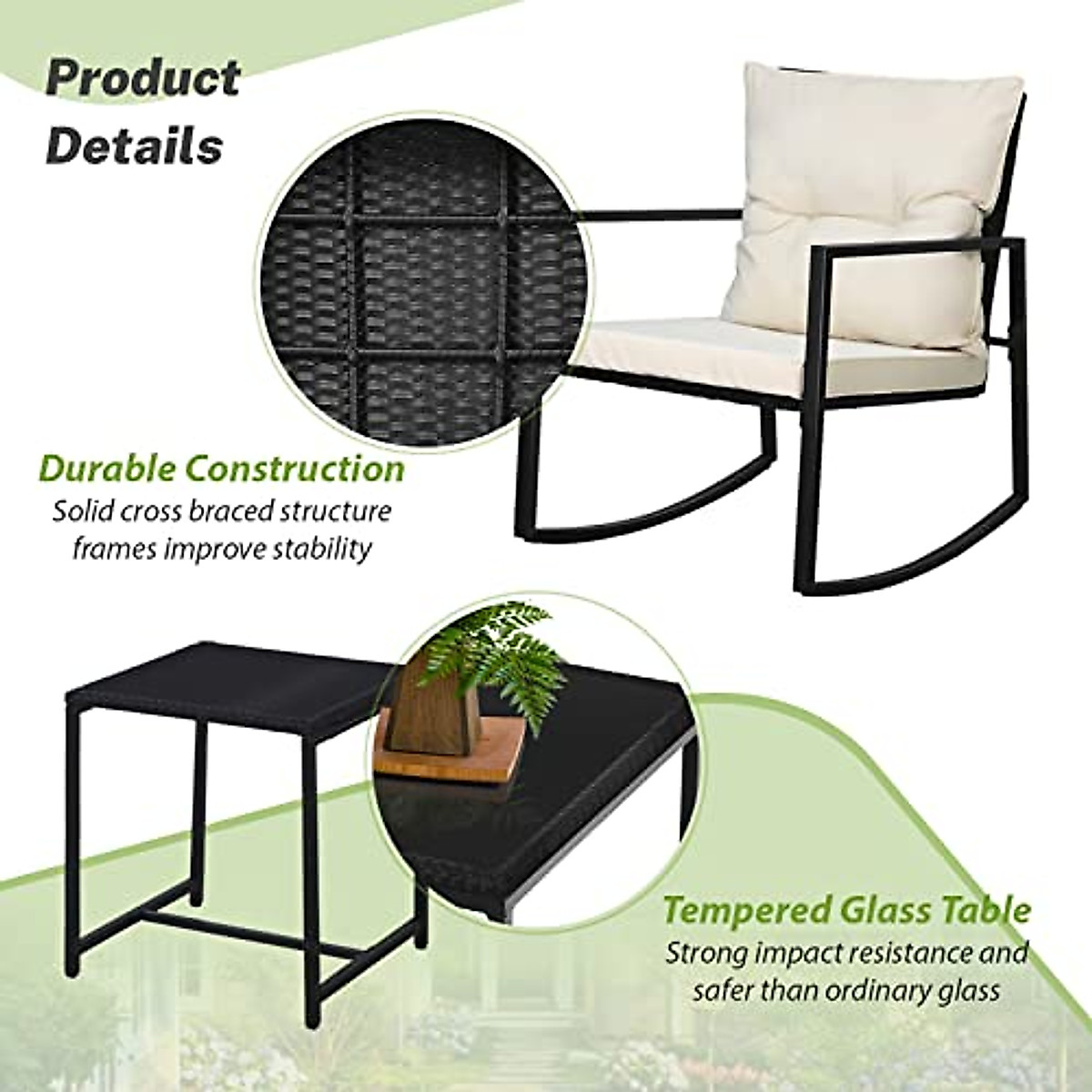 SUNCROWN 3 Piece Outdoor Rocking Bistro Set Black Wicker Furniture Porch Chairs Conversation Sets with Glass Coffee Table, Beige