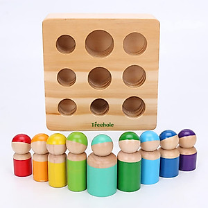 Xylolin Montessori Toys for Toddlers, Wooden Rainbow Peg Dolls Shapes Sorting Toys, 9 Wood People Figures Cylinder Blocks, Preschool Learning Educational Toys Pretend Play for Kids