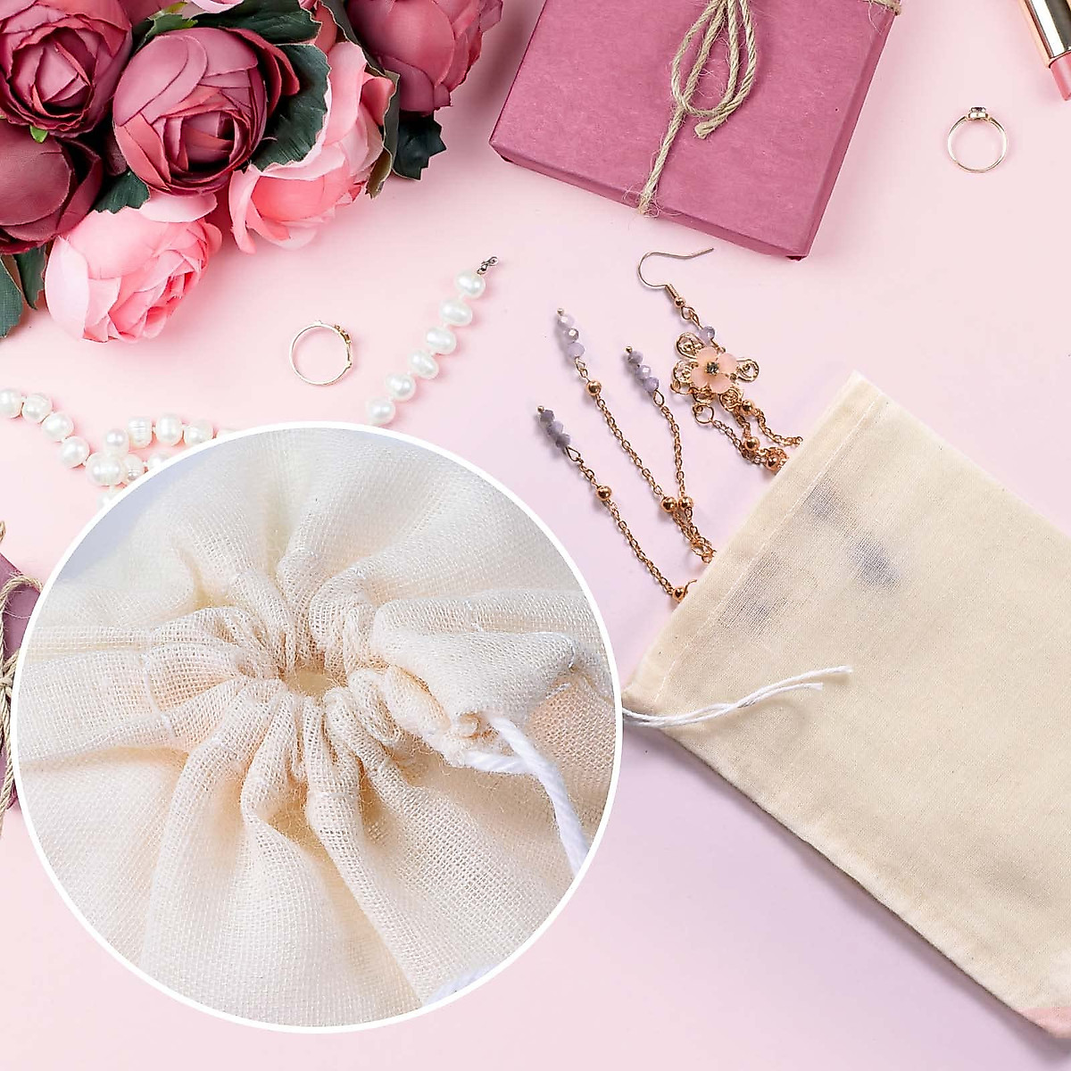 Boboom 60 Pcs Muslin Bags, 3.7x5.7 Inch Reusable Cotton Drawstring Bags, Natural Cotton Bags with Drawstring, Produce Bags Sachet Bag Bulk Gift Bag Jewelry Pouch for Wedding Party Home Storage