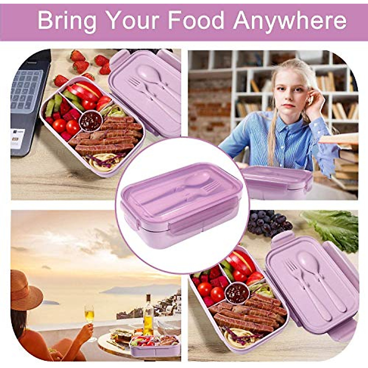 Jeopace Bento Box, Bento Box Adult Lunch Box,Kids Bento Box with 3&4Compartments,Lunch Containers Microwave Safe(Flatware Included,LightPurple+Orange)