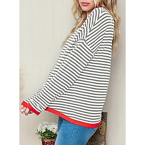 Dokotoo Summer Tops for Women 2025 Fashion Spring Crewneck Long Sleeve Clothes Tops Casual Striped Color Block Womens Pullover Sweater Clothing Gray Large