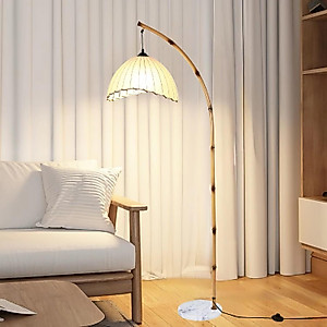 RaGiBow Bamboo Floor lamp mid Century Rattan Retro Floor lamp Bohemian Style LED Tall lamp for Living Room Bedroom Village Farmhouse Decoration Office Standing Floor lamp