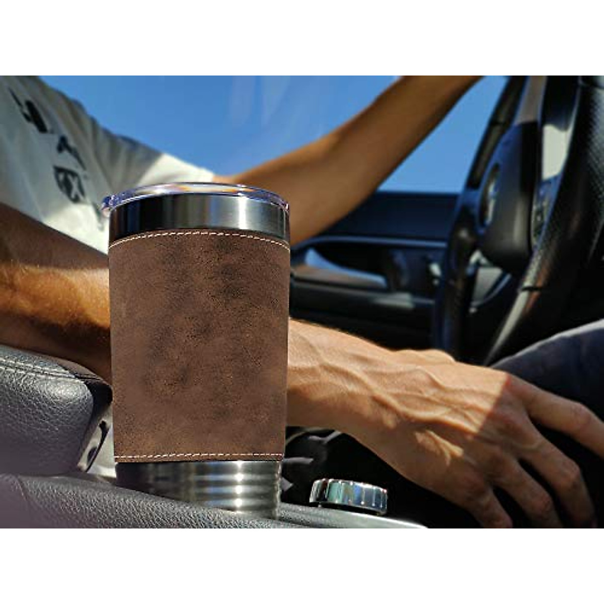 LaserGram 20oz Vacuum Insulated Tumbler Mug, Flag of Puerto Rico, Personalized Engraving Included (Faux Leather, Rustic)