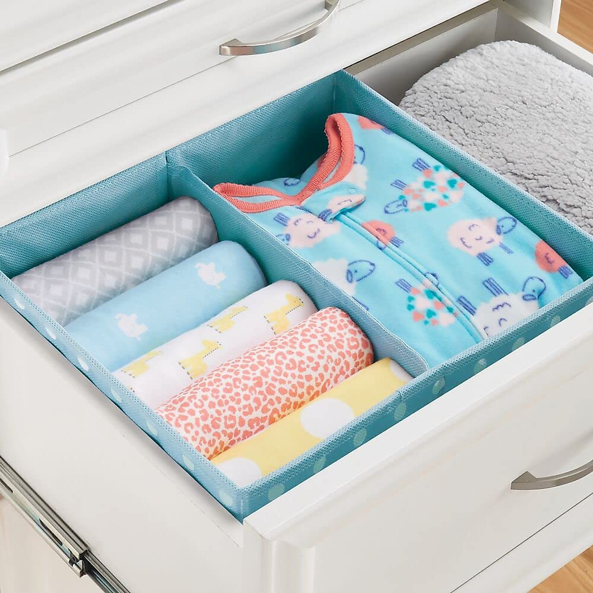 mDesign Fabric Drawer Organizer Bin Dividers for Baby Nursery Dresser, Closet, Organization - Bins Hold Clothes, Diapers, Cream, Toy, Blankets - 2 Pack, Turquoise Blue/White Polka Dot