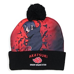 Bioworld Naruto Shippuden Itachi Akatsuki Shinobi Organization Cuffed Pom Beanie Hat Black