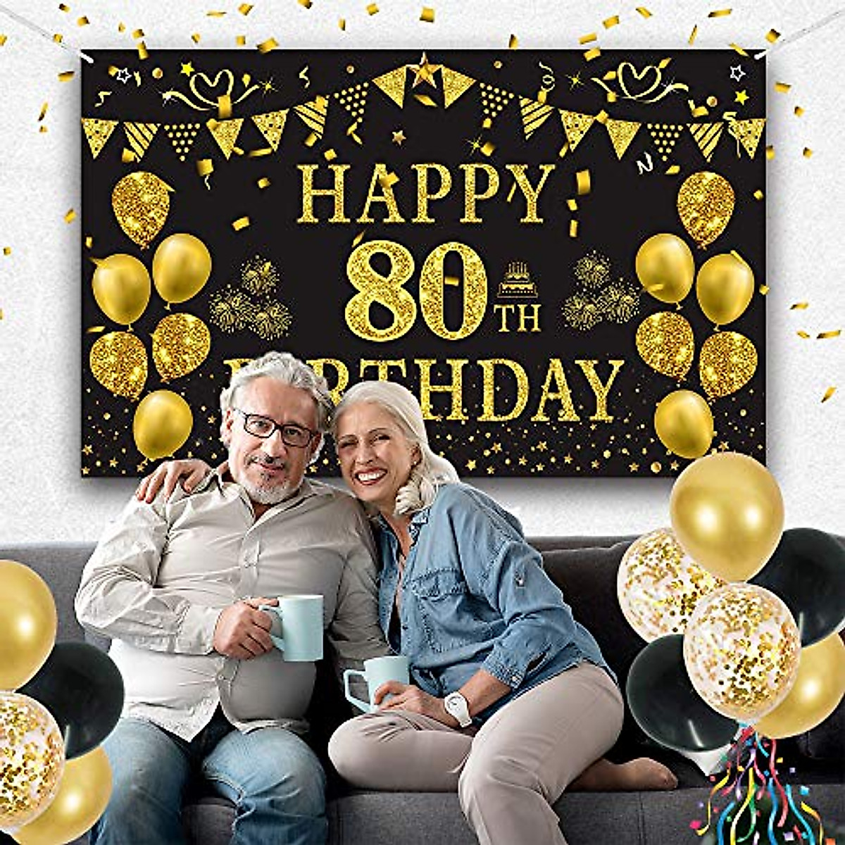 Trgowaul 80th Birthday Backdrop Gold and Black 5.9 X 3.6 Fts Happy Birthday Party Decorations Banner for Women Men Photography Supplies Background Happy Birthday Decoration