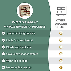 4-Drawer Vintage Ephemera Pattern Desktop Organizer - Arts and Craft Newspaper Design Desk Storage Cabinet - Ephemera Wood Shelf Drawers with Label Holders - Scrapbook Collecting