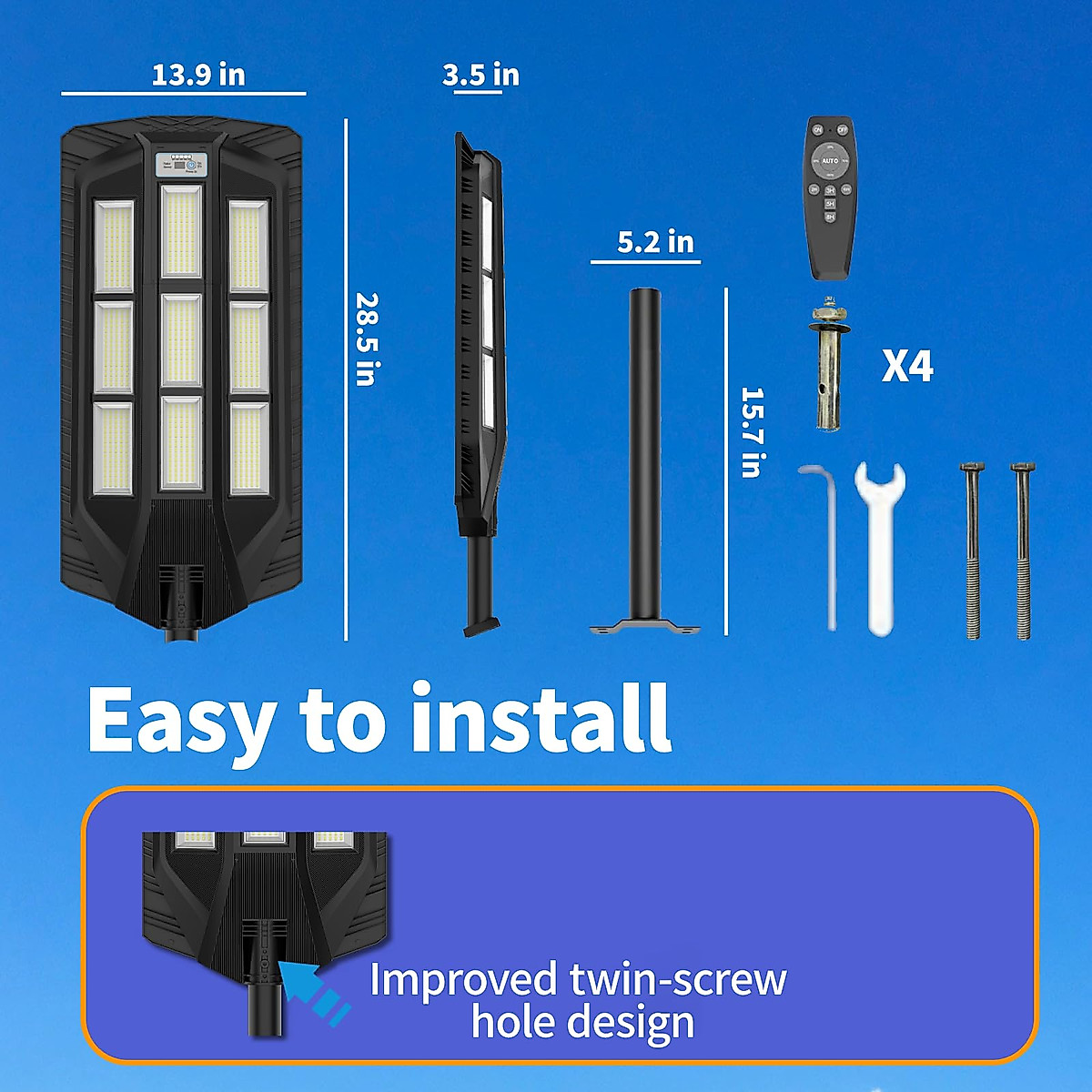 LAMPTEC Solar Street Light 4000W 150000lm Outdoor Lighting IP65 Waterproof with Remote Control, Brightness Control for Barn,Yard, Garden, Basketball Court, Driveway