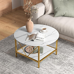 Yusong Round Coffee Table for Living Room, Farmhouse Circle Coffee Table with Storage Shelf, 2-Tier Modern Center Table with White Faux Wooden Tabletop, Gold Metal Frame