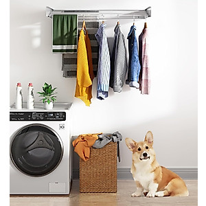 Wall Mounted Drying Rack 40",Laundry Drying Rack Collapsible, Retractable Clothes Drying Rack, 5 Aluminum Rods, 60 lb Capacity, with Wall Template, Screw, Drill Bit (White 40" Large)