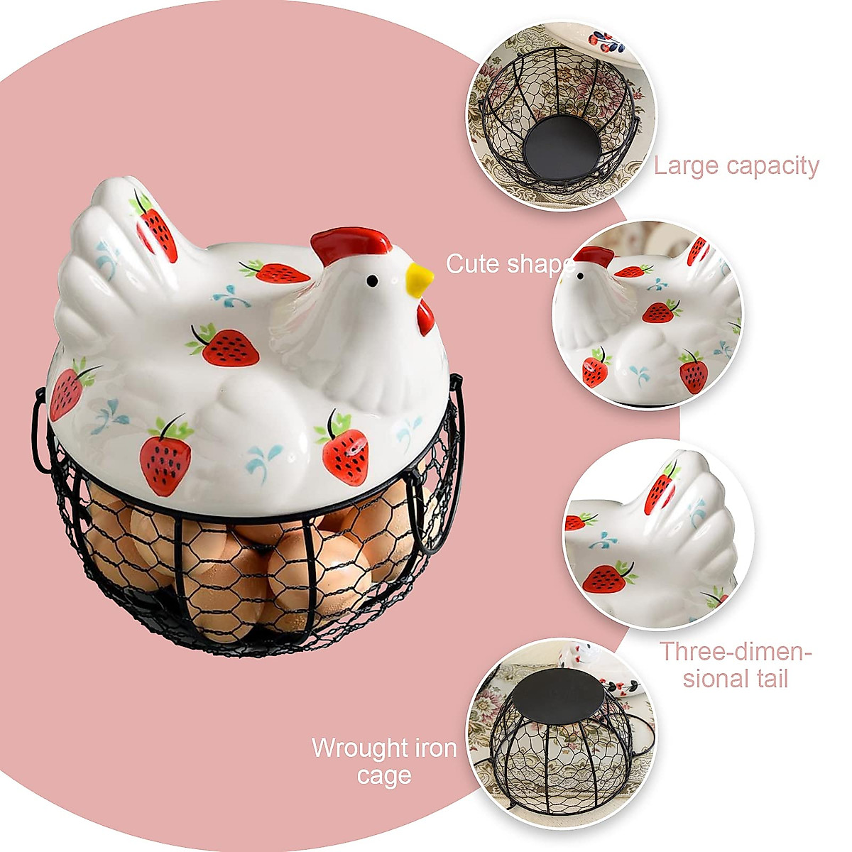ANXVERS Creative Ceramic Egg Basket, Metal Net Basket, Egg Storage Basket, Chicken Top with White Ceramic Strawberry Pattern and Metal Handle, Fruit and Potato Storage Basket, Kitchen Decoration