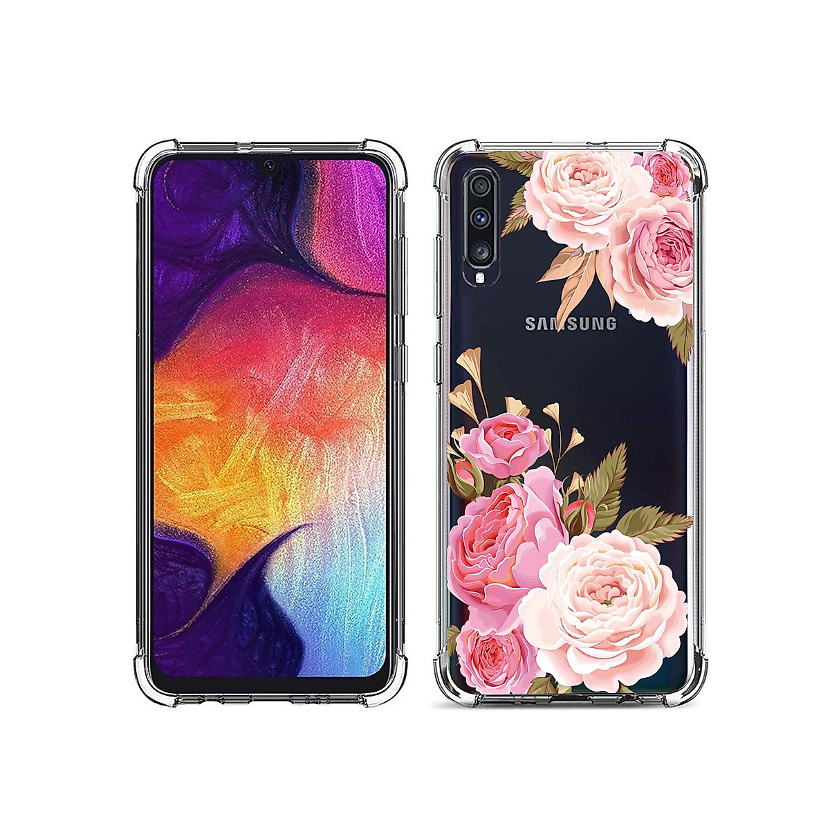 GREATRULY Floral Clear Case for Galaxy A50 for Women Girls,Pretty Phone Case for Samsung Galaxy A50 (2019),Flower Design Transparent Slim Soft Drop Proof TPU Bumper Cushion Silicone Cover Shell,FL-K