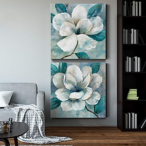 Renditions Gallery Teal Magnolia I Wall Art, Premium Gallery Wrapped Canvas Decor, Ready to Hang, 32 in H x 32 in W, Made in America Print