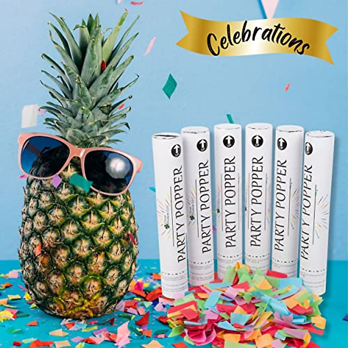 Clover Products Large Premium Confetti Cannon - (6 Pack) Multicolor Biodegradable Confetti Popper | Compressed Air Launches Confetti 20 - 25 Feet | Party Poppers for any Celebration, Parties, Birthdays, Weddings.