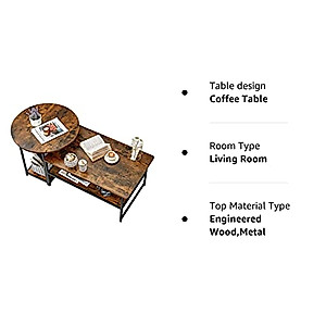 WOHOMO Coffee Table, 2 in 1 Unique Detachable Nesting Coffee Table Set of 2, Small Round and Rectangular Living Room Table Set, Industrial Modern Style Coffee Tables for Living Room, Rustic Brown