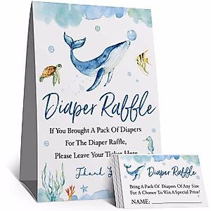Diaper Raffle Tickets, Diaper Raffle Sign, Watercolor Ocean Themed Baby Shower Game Kit, Marine Life Themed Baby Shower Game Party, Baby Shower Game to Bring a Pack of Diapers (1 Sign+50 Cards)