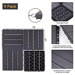 LYMJARD Outdoor Flooring, 9 Pack 12"x12" Plastic Patio Pavers, All Weather Interlocking Patio Tiles, Decking for Balcony Playhouse Porch Brownish Grey