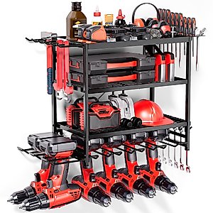 CATCHLUCK Power Tool Organizer Power Tool Storage 6 Drill Holder Wall Mount, Heavy Duty Metal Power Tool Rack 4 Layer 12 Hooks Tool Organizer