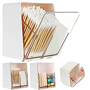 2 Pcs Cotton Ball Holder Canisters for Cotton Swabs Floss Dispenser Container Box with 2 Compartments Bathroom Storage Cotton Pads Organizer with Clear Lid for Cotton Round Makeup, White