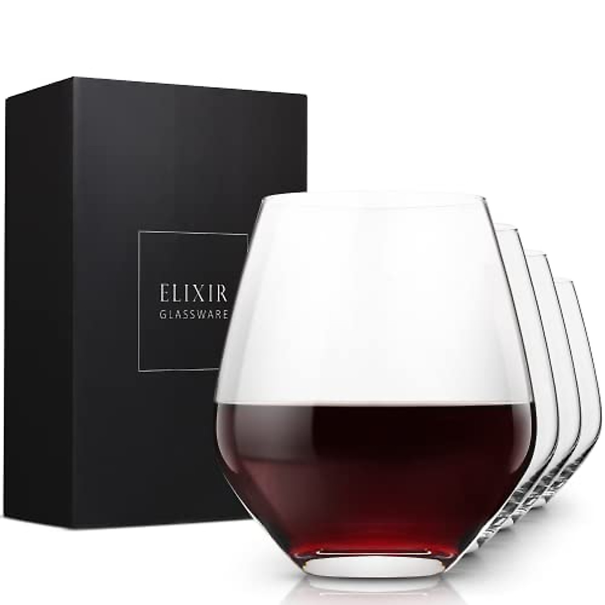 ELIXIR GLASSWARE Stemless Red Wine Glasses Set of 4 - Hand Blown Crystal Stemless Wine Glasses - Unique Large Wine Glasses For Cabernet, Pinot Noir, Burgundy, Bordeaux 18oz, Clear
