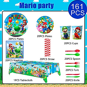 Fruitful Life Super Mario Party Decorations, 161pcs Place Setting - Mario Themed Plates, Napkins, Cups & Tablecloth etc for Boys/Girls Kids Birthday