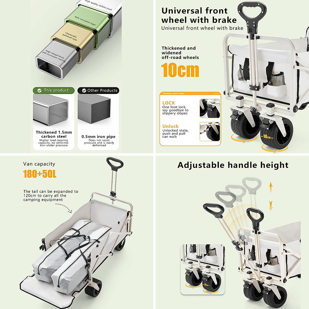 Back Open Folding Garden Utility Wagon with Table, Collapsible Outdoor Small Grocery Carts, 551Lbs Weight Capacity for Shopping & Storage, with 360 Degree Swivel Wheel,White
